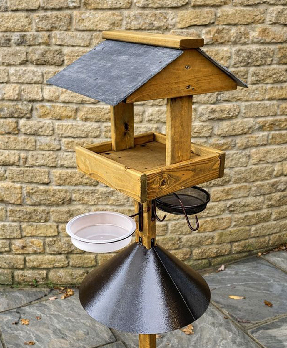 Wooden Bird Table with Slate Roof & Metal Squirrel Baffle – Ruddings Wood