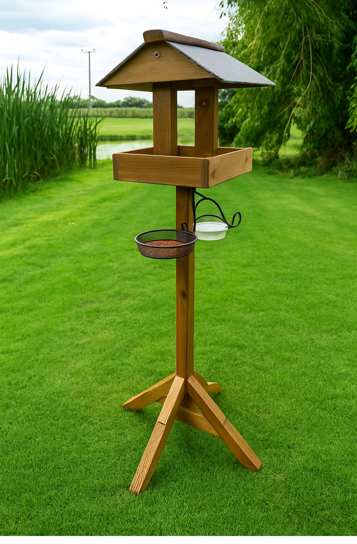 Garden Wooden Bird Table & Feeder Stand with Seed Tray and Water Bath ...